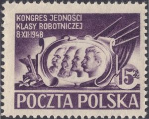 Timbre: Marx, Engels, Lenin and Stalin (Pologne(Working Class Unity Congress) Mi:PL 506,Sn:PL ...