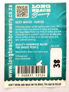 Drink Label: Deep Water Porter (Long Beach Brewery, South AfricaCol:ZA ...