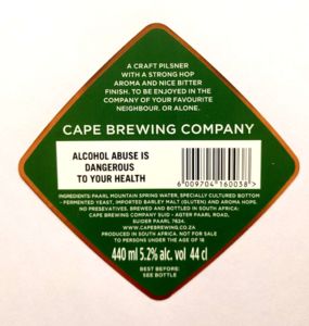Drink Label: CBC Pilsner (Cape Brewing Company, South AfricaCol:ZA-BEER ...