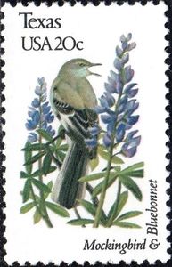 Briefmarke: Texas - Northern Mockingbird, Bluebonnet (Vereinigte ...