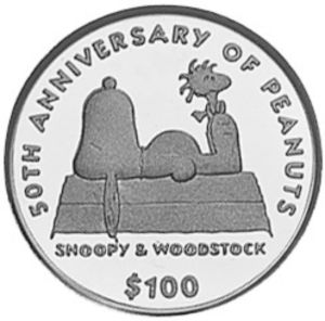 Coin: 100 Dollars (50th Anniversary of Peanuts - Snoopy and Woodstock ...