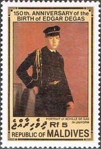 Stamp: Portrait of James Achille Degas (Maldives(150th Birth Anniv. of ...
