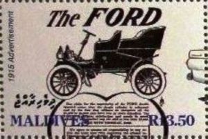 Stamp: 1959 Ford ad (Maldives(First Ford Engine, First Benz Fourwheeled ...