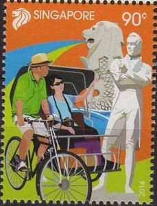 Stamp: Merlion, Statue of Raffles & rickshaw (Singapore(Tourism (2014 ...