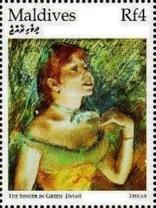 Stamp: The singer in green, by Degas (Maldives(Paintings from ...