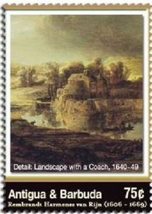 Stamp: "Landscape with a Coach" (detail) (Antigua and Barbuda(400th ...