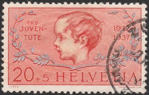 Stamp: Head of a boy (Switzerland(Pro Juventute: 25th anniversary) Mi ...