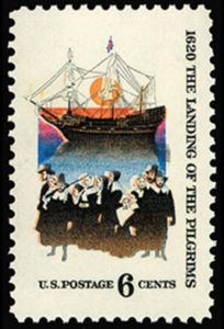 Stamp: "Mayflower" and Pilgrims (United States of America(350th ...