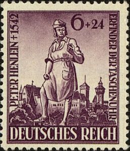 Frimærke: Peter Henlein (1480-1542), watch-inventor, monument in Nurem ...