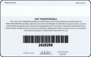 Gift Card: Linen Lovers (Adairs, Australia) (Adairs) Col:AU-ADAIRS-014