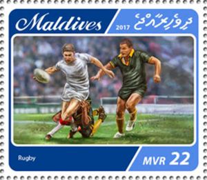 Stamp: Rugby game scene (Maldives(Rugby (2017)) Mi:MV 6931,Sn:MV 3923d ...