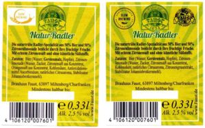 Drink Label: Faust Radler (Brauerei Faust OHG, Germany, Federal ...