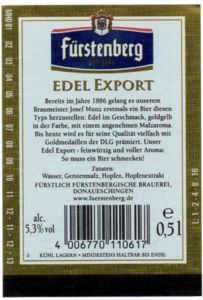 Štítok z nápoja: Furstenberg Edel Export (Fürstlich Fürstenbergische Brauerei GmbH & Co KG ...