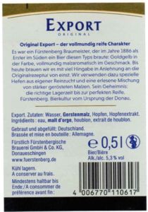 Flaschenetikett: Furstenberg Export (Fürstlich Fürstenbergische Brauerei GmbH & Co KG ...