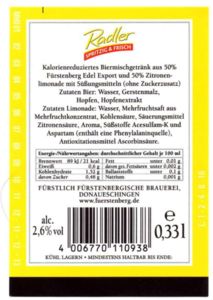 Etiqueta de Bebida: Furstenberg Radler Spritzig & Frisch (Fürstlich Fürstenbergische Brauerei ...