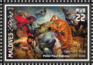 Stamp: "Tiger Hunt" (1616), by Peter Paul Rubens (Maldives(Great ...