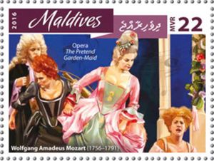 Stamp: Opera "The Pretend Garden-Maid" (Maldives(Wolfgang Amadeus ...