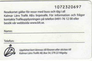 Transport Ticket: Resekort (KLT-Kalmar Läns Trafik AB, SwedenCol:SE-KLT ...