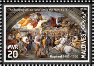 Stamp: “The Meeting of Leo I and Attila the Hun” (1514), by Raphael ...