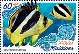 Stamp: Indian Butterflyfish (Chaetodon mitratus) (Maldives(Fish&Sealife ...
