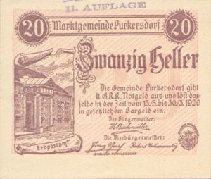 Banknote: 20 Heller (Austrian Notgeld(Purkersdorf) Jak:JPR0801b-20