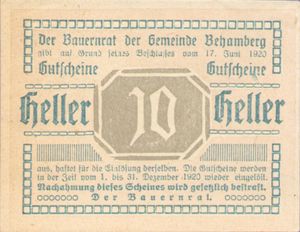 Banknote: 10 Heller (Österreichisches Notgeld(Behamberg) Jak:80a-10 💴