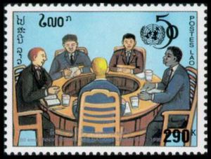 Stamp: Men Seated at Round Table (Laos(50th Anniversary of United ...
