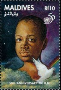 Stamp: UN50 - Child, Dove Flying right (Maldives(50th Anniversary of ...