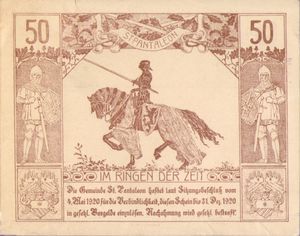 Banknote: 50 Heller (Austrian Notgeld(St. Pantaleon) Jak:JPR0920a-50