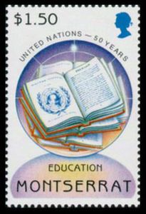 Stamp: UN50 - Education (Montserrat(50th Anniversary of United Nations ...