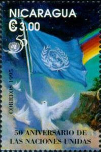 Stamp: UN50 - UN Flag and Doves (Nicaragua(50th Anniversary of United ...