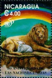 Stamp: UN50 - Lion and Lamb (Nicaragua(50th Anniversary of United ...