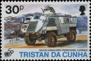 Stamp: UN50 - Saxon Armoured Personnel Carrier (Tristan da Cunha(50th ...