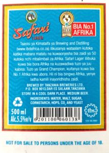 Drink Label: Safari Lager (Tanzania Breweries Ltd., TanzaniaCol:TZ-BEER ...