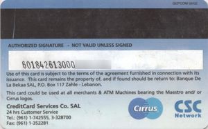 Bank Card: Maestro (Banque de la Bekaa SAL, Lebanon) Col:LB-MS-0001