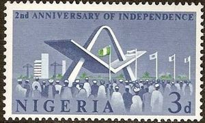 Stamp: National monument Lagos (Nigeria(Independence, 2nd Anniversary ...