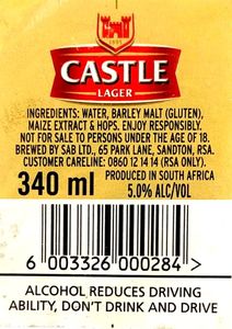 Drink Label: Castle Lager (SAB (Pty) Ltd., South AfricaCol:ZA-BEER-000067