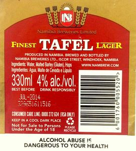 Drink Label: Tafel Lager (Namibian Breweries, NamibiaCol:NA-BEER-000011