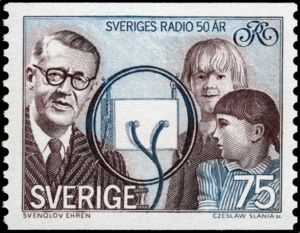 Stamp: Sven Jerring (first announcer), children and microphone (Sweden ...