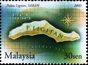 Stamp: Map of Ligitan Island (Malaysia(Islands and Beaches Series II ...