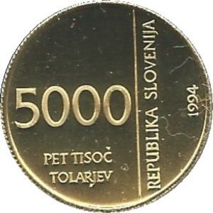 Coin: 5,000 Tolarjev (50th Ann. of Monetary Institute of Slovenia) (Slovenia) (1991~2006 - Tolar ...