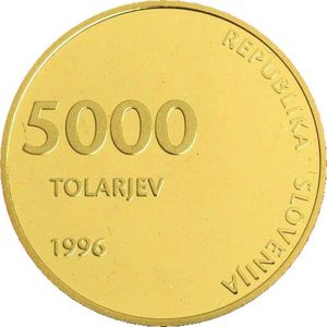 Coin: 5,000 Tolarjev (5th Anniversary Of Independence) (Slovenia) (1991~2006 - Tolar (Gold)) WCC ...