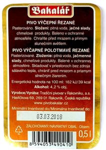 Štítok z nápoja: Dx-Bakalar Rezane Vycepni (Pivovar Bakalář Rakovnik ...