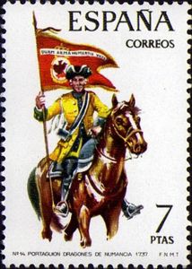 Stamp: Mounted Standard-bearer, Numancia Dragoons, 1737 (Spain(Military ...