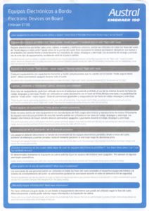Safety Card: EMBRAER 190 - Equipos Electronicos a Bordo (Austral, ArgentinaCol:AUT-AR-0005