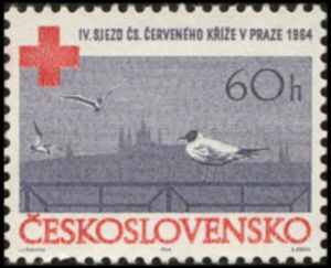 Stamp: Black-headed Gull (Larus ridibundus); Silhouette of the Prag ...