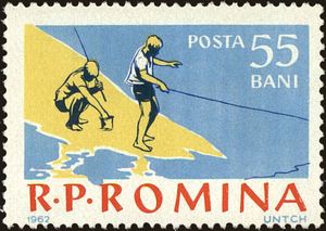 Stamp: Boys fishing (Romania(Sport fishing) Mi:RO 2081,Sn:RO 1505,Yt:RO ...