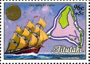 Stamp: HMS Bounty and Map (Aitutaki(International Stamp Exhibition ...