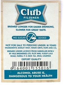 Drink Label: Club Pilsener (Nile Breweries LTD., UgandaCol:UG-BEER-000020