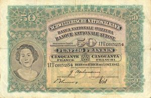 Banknote: 50 Franken/Francs/Franchi (Schweiz(1921-1955 Issue National ...